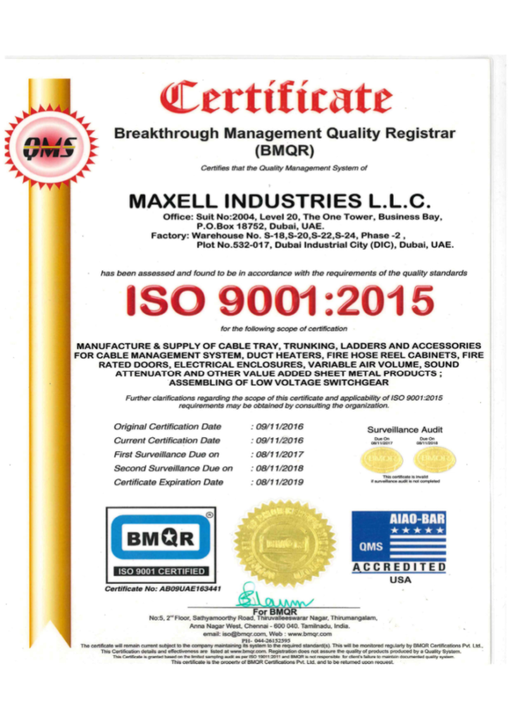 ISO Certificate - UL Duct Heater | Fire Cabinets | VAV | Maxell Industries